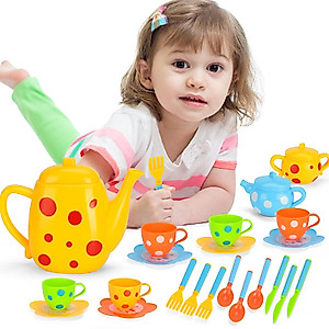 Pretend Play Toy Tea Set for Little Girls, Kids Role Play Tea Toy Party Set, 28pc Plastic Afternoon Tea Time Playset with Teapot, Cup, Knife, Fork, Spoon, Saucer, Serve Tray.