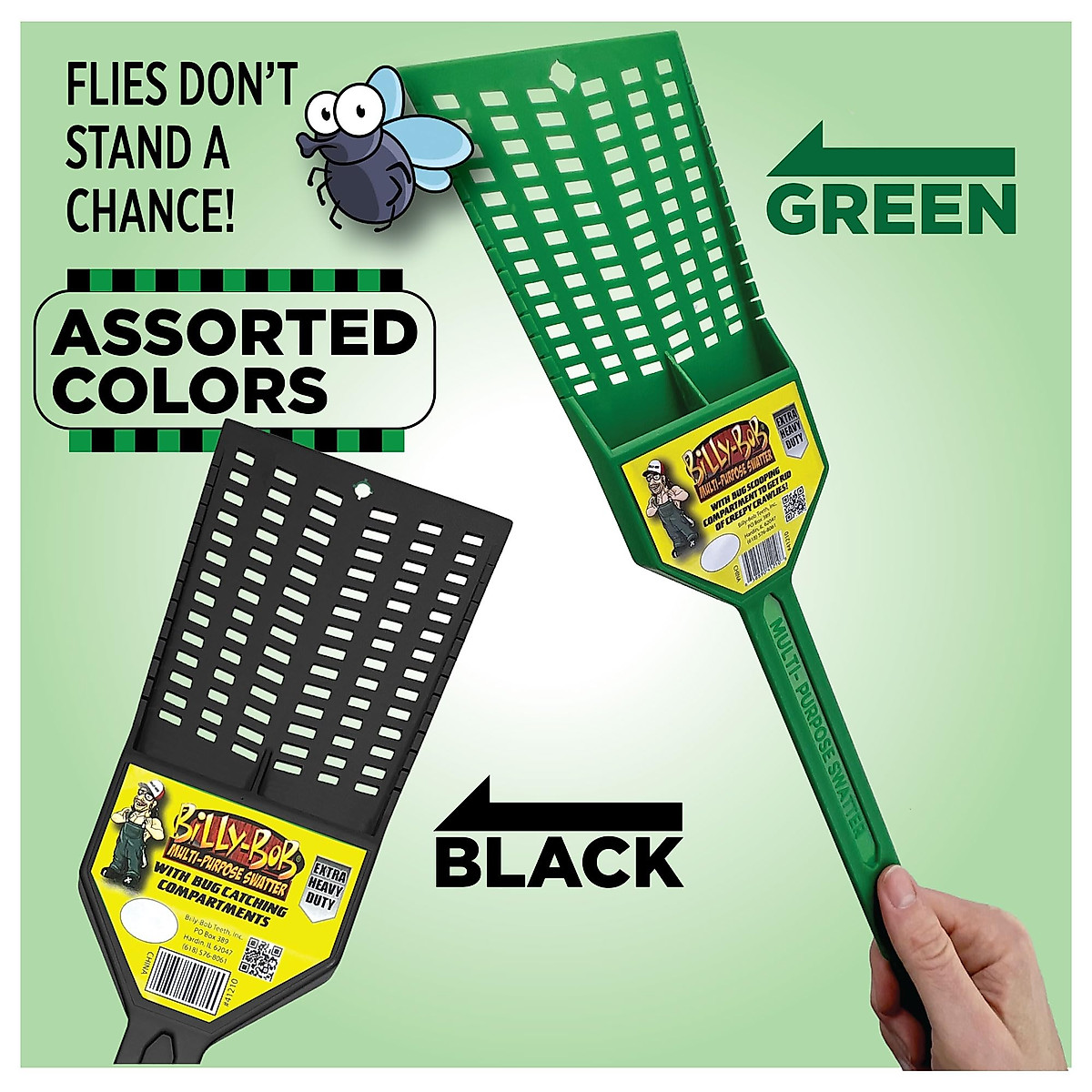 BILLY-BOB Multi-Purpose Heavy Duty Fly Swatter - 2 Pack - Fly Swatter with Bug Scooping Compartments