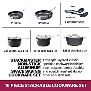 Granitestone Stackable Pots and Pans Set Nonstick, 10 Piece Space Saving Complete Kitchen Cookware Set with Ultra Nonstick Mineral & Diamond Coating, Oven & Dishwasher Safe, Healthy & Toxin Free-Black