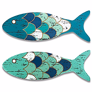 2 Pcs Wooden Fish Wall Decor, Blue and Teal Nautical Wall Decor, Lake House Decorations, Wood Fish Decor Vintage Style for Bathroom, Patio