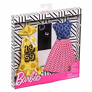 Barbie Clothes -2 Outfits for Barbie Doll Feature Polka Dots on a Yellow Hoodie Dress, a Blue Top and Pink Skirt, Plus 2 Accessories, Gift for 3 to 8 Year Olds