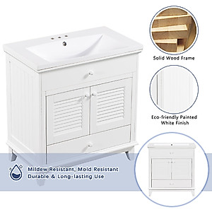 30 Inch Bathroom Vanity Base Only, Storage Cabinet with Doors and Drawer, Solid Wood Frame, White