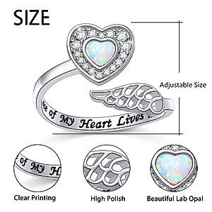 925 Sterling Silver Angel Wing Ring for Women Memorial Jewelry Engraved A Piece of My Heart Lives in Heaven Wrap Open Ring Lap Opal Heart Rings Adjustable Size 8