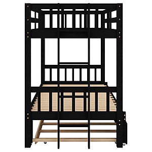 LostCat Twin Over Pull-Out Bunk Bed with Trundle, Wooden Twin Over Twin/Full/Queen/King Bunk Beds, Extendable Bunk Bed with Ladder and Guardrail, Espresso