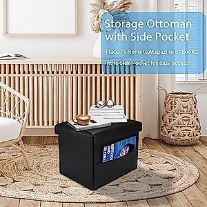 VewePata® Storage Ottoman Foot Rest Footstool with Side Pocket,17 Inch Leather Ottoman with Storage for Living Room or Dorm Storage,Folding Ottoman Padded with Thick Sponge,17X13X13in Black