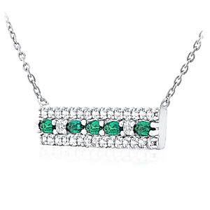 .925 Sterling Silver Marquise Cut Green Lab Grown Emerald and Lab Grown White Sapphire Three Row Horizontal Bar Necklace - 18"