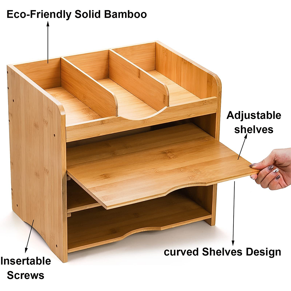DEAYOU Bamboo Desk File Organizer, 13" Document Letter Tray Sorter with 2 Adjustable Shelves, 4 Tier Mail Organizer Countertop, Paper Storage Holder Box Cubby for Magazine, Office, Home, School