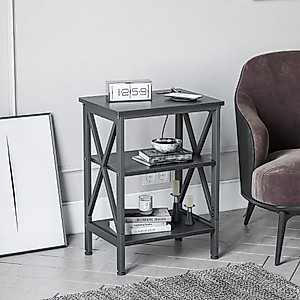 CubiCubi Oxford Side Table, Dual USB Charging Ports End Table, Nightstand Steel Frame, Home Decorative for Living Room Bedroom, Wooden Shelves and Rustic Style, Black