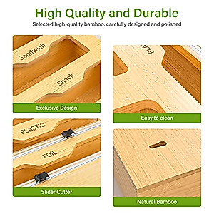 KOCWELL Bag Organizer and Plastic Wrap Dispenser with Cutter, 6 In 1 Bamboo Foil and Plastic Wrap Organizer for Kitchen Drawer, Food Storage Bag Organizer for Gallon,Quart,Sandwich,Snack(Beige)