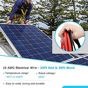 Beendou Solar Panel Cable - 20FT Red & 20FT Black Solar Panel Wire,10 AWG Solar Wire with Female and Male Connector,Solar Wire for Boat Marine/RV Solar Panels/Outdoor,20FT Solar Panel Wiring
