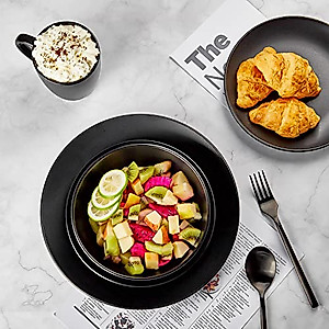 CREATIVELAND Round Stoneware Dinnerware Set Durable Kitchen and Dining,16 Piece Service For 4,Pasta Bowls,Large Salad Bowls,Porcelain Bowl,Wide and Shallow,Microwave and Dishwasher Safe, Matte Black.