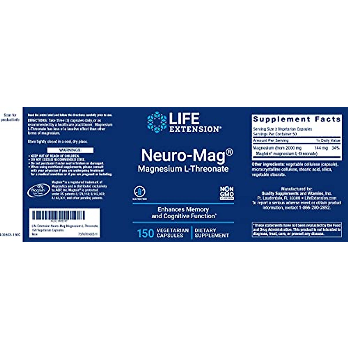 Life Extension Neuro-Mag Magnesium L-Threonate, 150 Veg Caps, Magtein Supplement for Women and Men