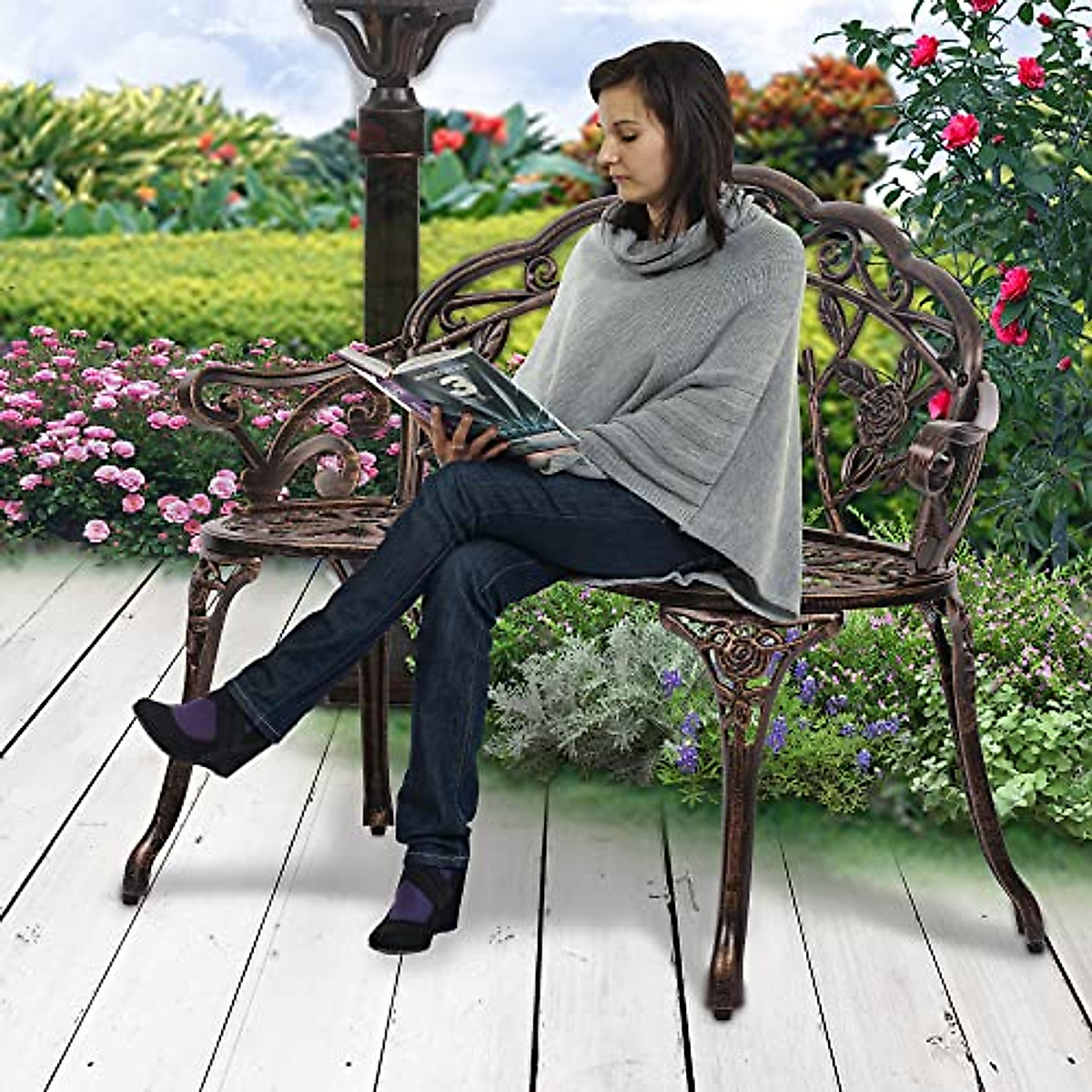 PayLessHere Garden Bronze Park Bench Yard Furniture Cast Aluminum Rose Antique