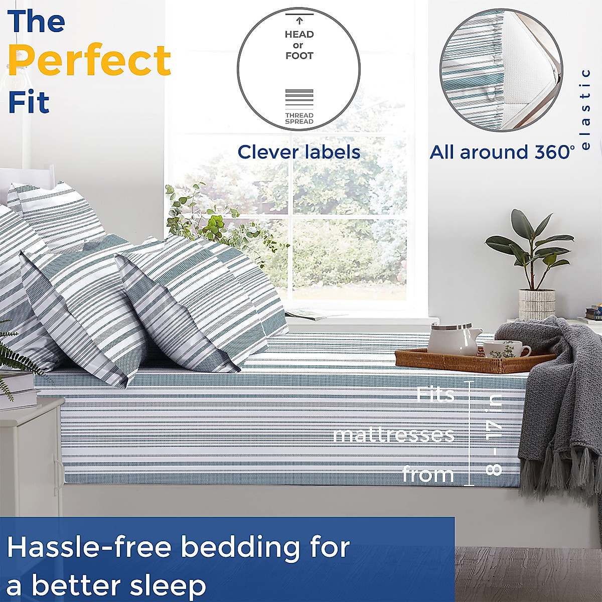 THREAD SPREAD 100% Cotton Printed Bed Sheets - 600 TC 4 Pc Blue & Grey Dotted Full Striped Sheet Set - Hotel Luxury Sateen Bedsheets - Deep Pockets - Breathable & Cooling Sheets for Full Size Bed