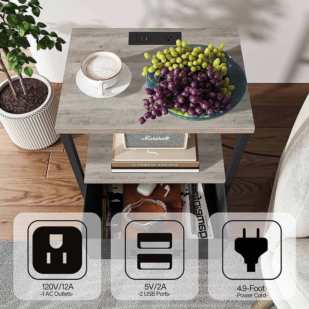 TUTOTAK End Table with Charging Station, Side Table with 2 USB Ports and Outlets, Nightstand with Cloth Drawer, Set of 2, Couch Table, Greige TB01BG052