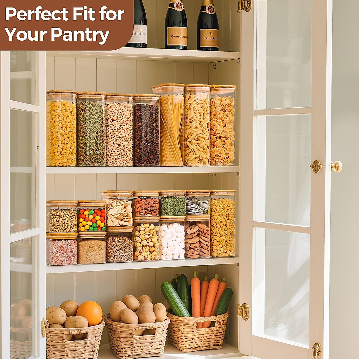 ComSaf Airtight Glass Storage Canister with Bamboo Lid (22oz/37oz/50oz) Set of 6, Clear Food Storage Container Kitchen Pantry Storage Jar for Flour Cereal Sugar Tea Coffee Beans Snacks, Square