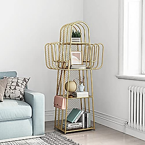 DOORXIF 4-Tier Gold Bookshelf Freestanding, Cactus Bookcase 4 Cube Storage Organizer Closet Metal Display Cabinet, Corner Bookshelf for Small Spaces, Gold Bookcase for Bedroom Office