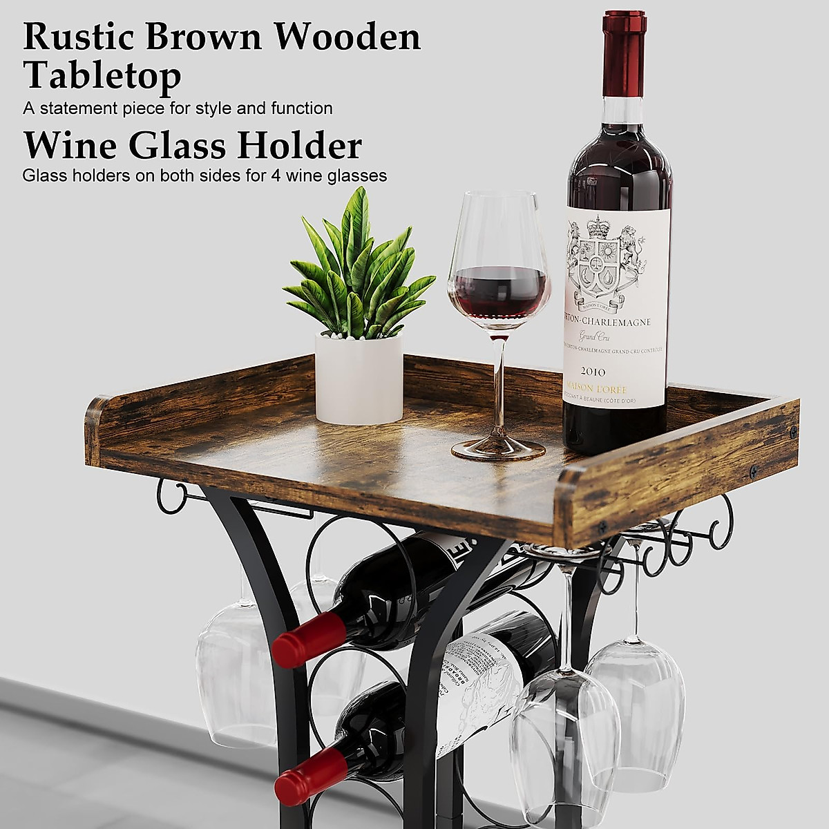 14 Bottles Wine Rack Console Table Freestanding Floor Wine Storage Organizer with Glass Holder Adjustable Feet Wood Top 35.4" H