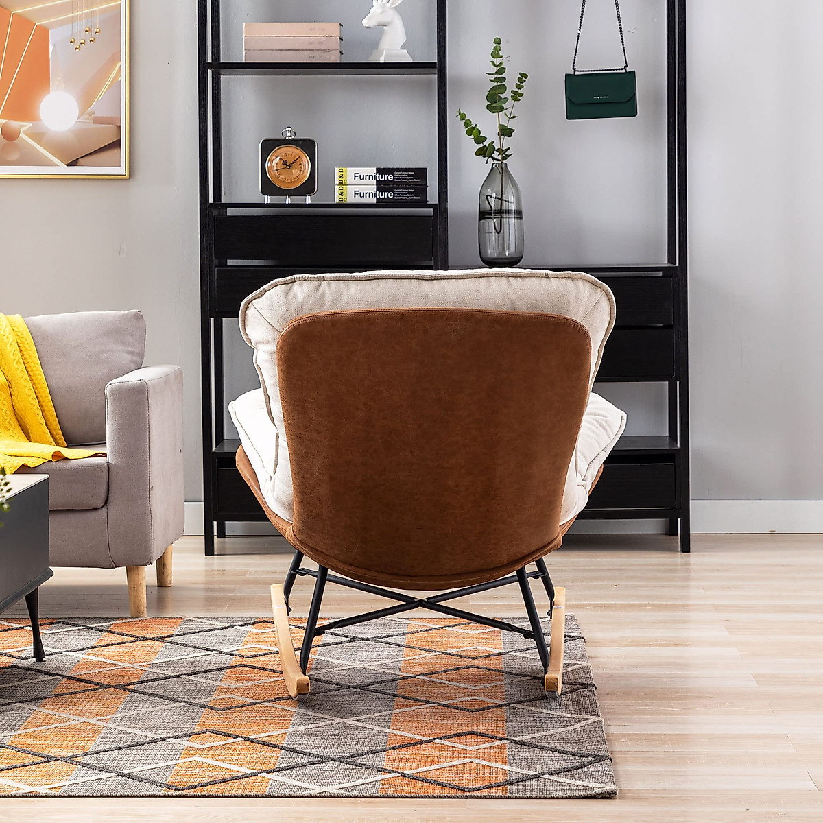 DM Furniture Large Rocking Chair Linen Upholstered Nursery Glider Rocker Lounge Chair Recliner for Bedroom/Living Room/Reading, Ivory