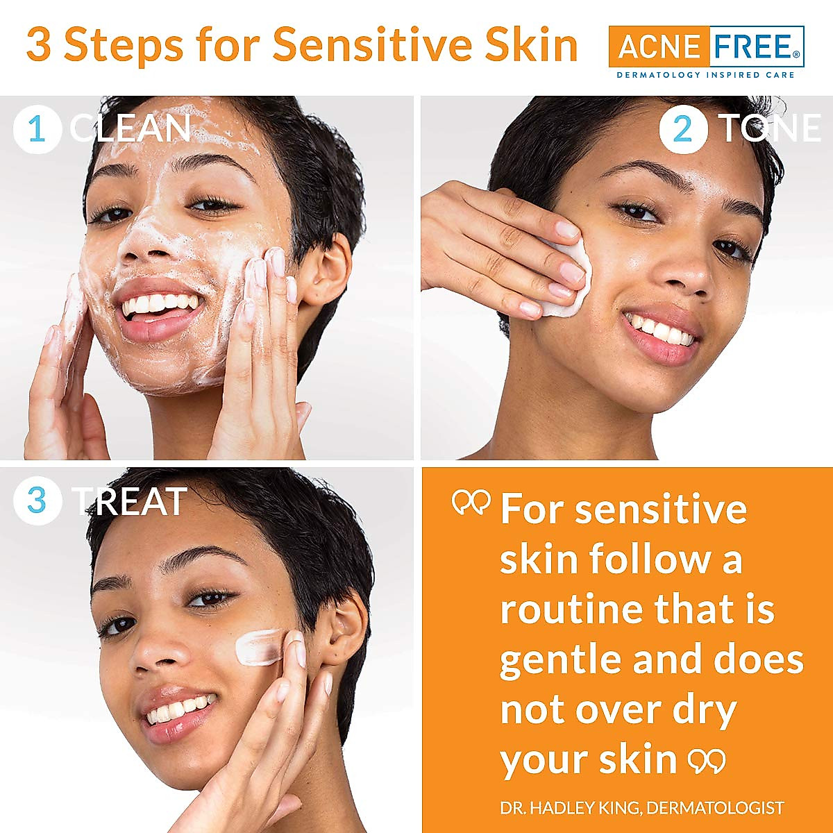 Acne Free 3-Step Acne Treatment Kit with Salicylic Acid Face Wash, Alcohol-Free Toner, & Benzoyl Peroxide Lotion for Sensitive Skin and Fighting Breakouts, 24 Hour Face Clearing System