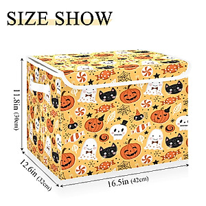 Large Collapsible Storage Bins with Lids, Halloween Pumpkin Ghost Storage Baskets Organizer Containers with Handles for Nursery Clothes Toys