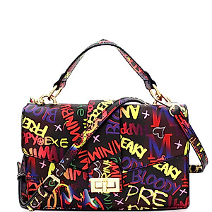 Retro Vintage Neon Multicolor Colorful Graffiti Clutch Tote Purse Crossbody Sling Bag Handbag (Medium Top-Handle Satchel - Black Multi)