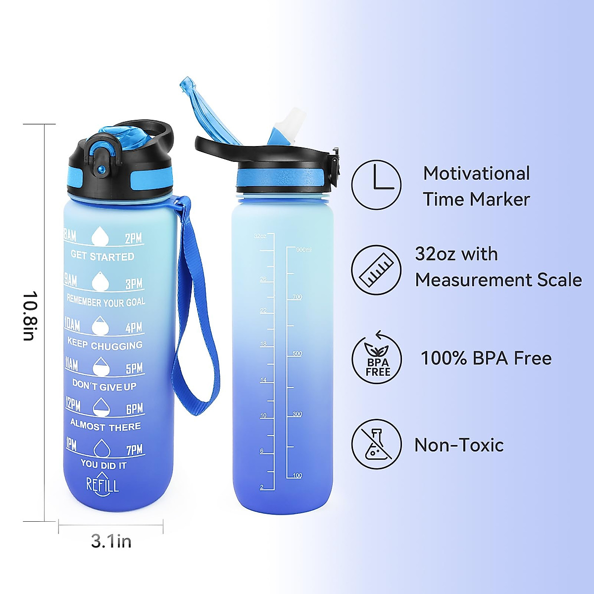 CHEERSONIC 32 oz Water Bottle with Times to Drink and Straw, Motivational Drinking Bottles with Carrying Strap BPA & Toxic Free Leak proof Bottle, Perfect for Fitness, Gym and Outdoors (Gradual Blue)
