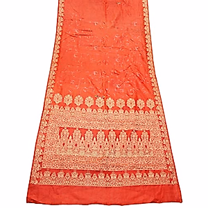 Peegli Vintage Orange Saree Woven Cloth 100% Pure Silk Fabric Art Craft Women Sari