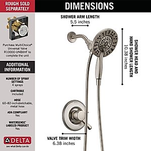 Delta Faucet Linden 17 Series Dual-Function Shower Faucet, Shower Trim Kit with 4-Spray In2ition 2-in-1 Dual Hand Held Shower Head with Hose, Chrome T17293-I (Valve Not Included)