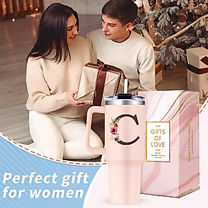 Monogrammed 40oz Tumbler with Handle for Women, Personalized Birthday Gifts for Women,Initial Cups for Woman Floral Letter C,Customized Gifts for Female Lady Gift for Mothers Day Christmas