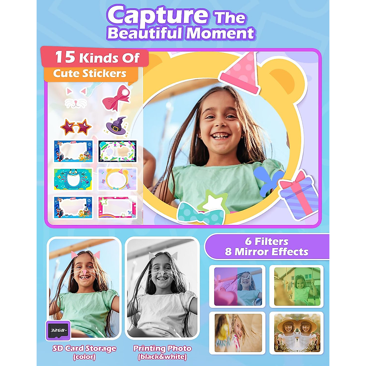 Anchioo Kids Digital Camera with 1080P Video, IPS Screen, 32GB SD Card - Christmas Gift, Age 3-12