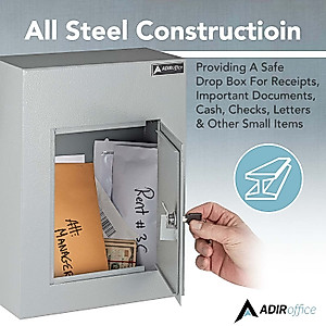 AdirOffice Through The Wall Drop Box Safe - Durable Thick Steel w/Adjustable Chute - Mail Vault for Home Office Hotel Apartment Grey