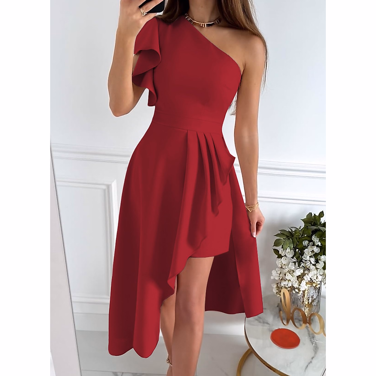 Dokotoo One Shoulder Dresses for Women Elegant Ruffle Empire Waist Asymmetrical Hi-Lo Hem Solid Zipper Up Bodycon Party Wedding Guest Midi Semi Formal Dresses Red X-Large