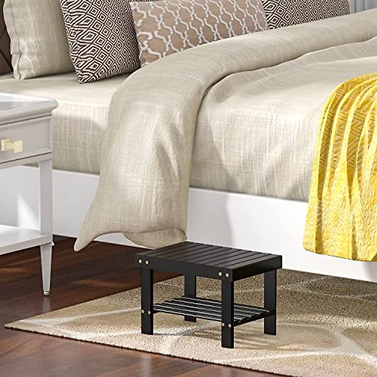 Zhuoyue Wooden Step Stool for Kids Adults Black Small Bamboo Wood Shower Foot Rest Stool Shaving Legs for Bathroom Sink Bed Kitchen