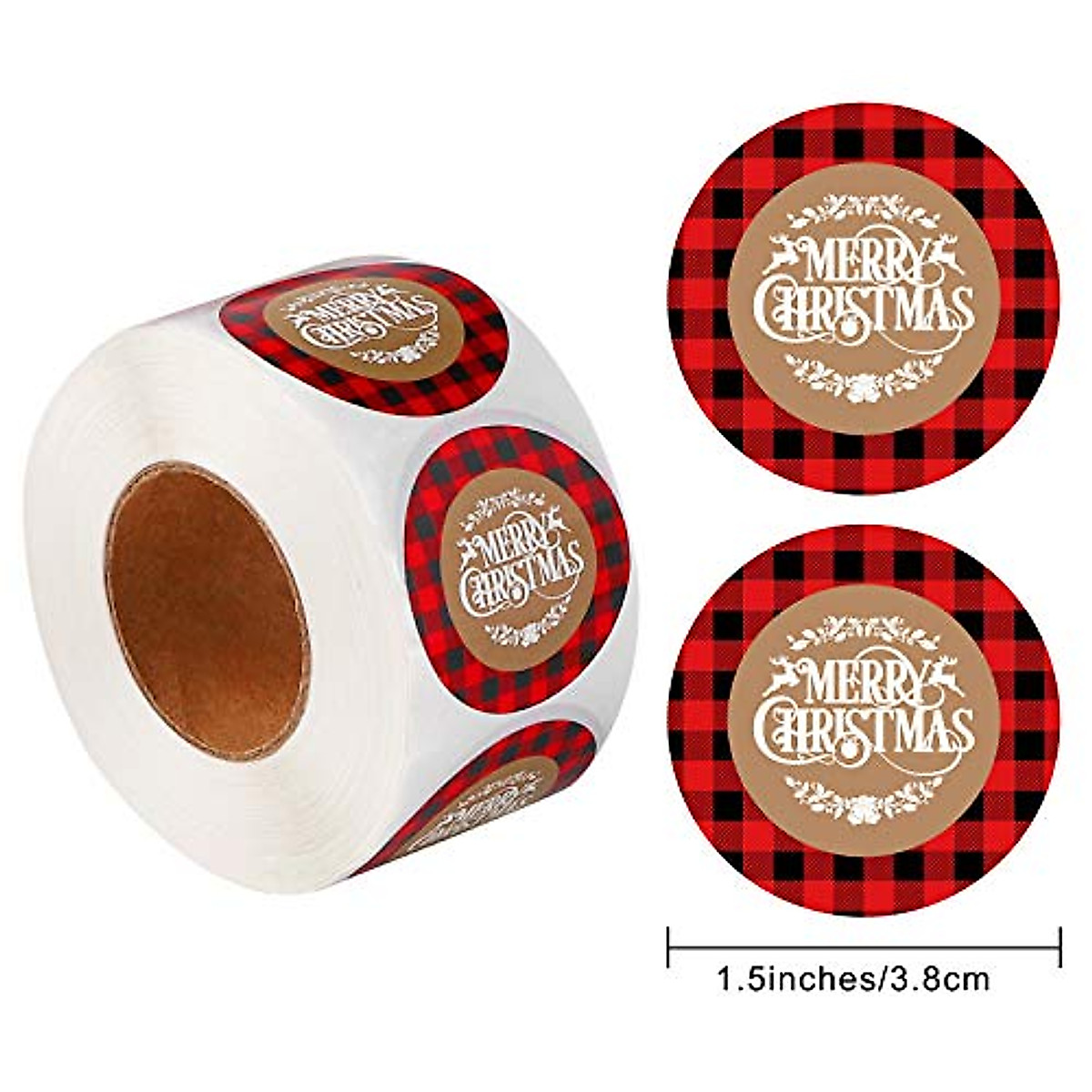 Ruisita 600 Pieces Merry Christmas Stickers Buffalo Plaid Self Adhesive Seals Labels Holiday Seals Stickers for Christmas Favor Gift Cards Envelopes Seals