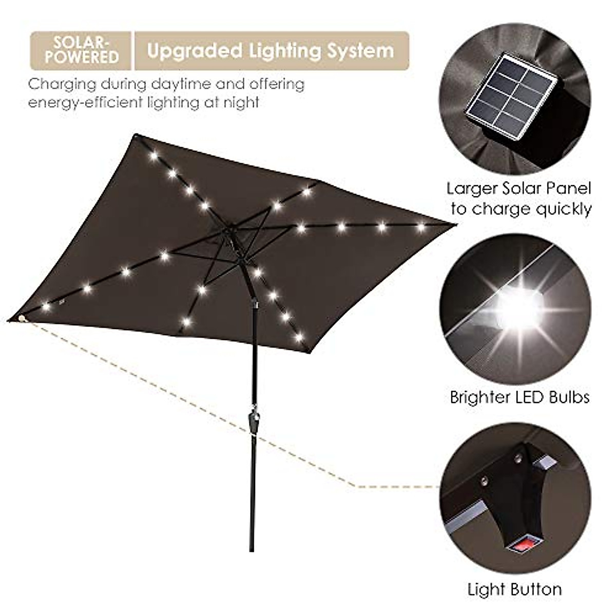 Yescom 10x6.5 ft Rectangle Outdoor Patio Aluminium Umbrella Solar Powered Led Light Crank Tilt Chocolate(Pack of 2)