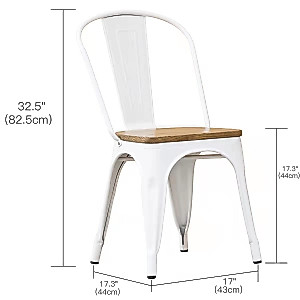 Metal Dining Chairs with Wood Seat Set of 4 White Stackable Industrial Metal Restaurant/Bistro/Cafe/Trattoria/Bar Side Chairs