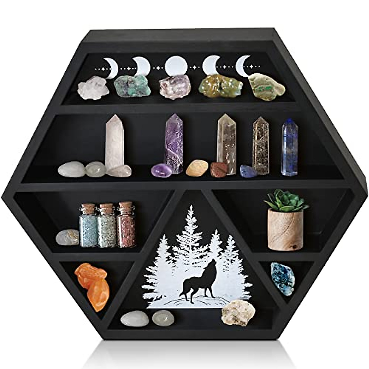 Unistyle Crystal Shelf Display Crescent Moon Shelf, Hexagon Crystal Holder for Stones, Essential Oils & Whichy Shelves Wood Crystal Wall Decor, Black Rustic Wooden Display for Boho Meditation Decor