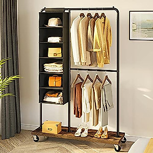 Rolanstar Clothing Garment Rack with Hanging Closet Organizer, Adjustable Heavy Duty Clothes Rack, with Rolling Wheels and 2 Brakes, Great for Living Room, Bedroom