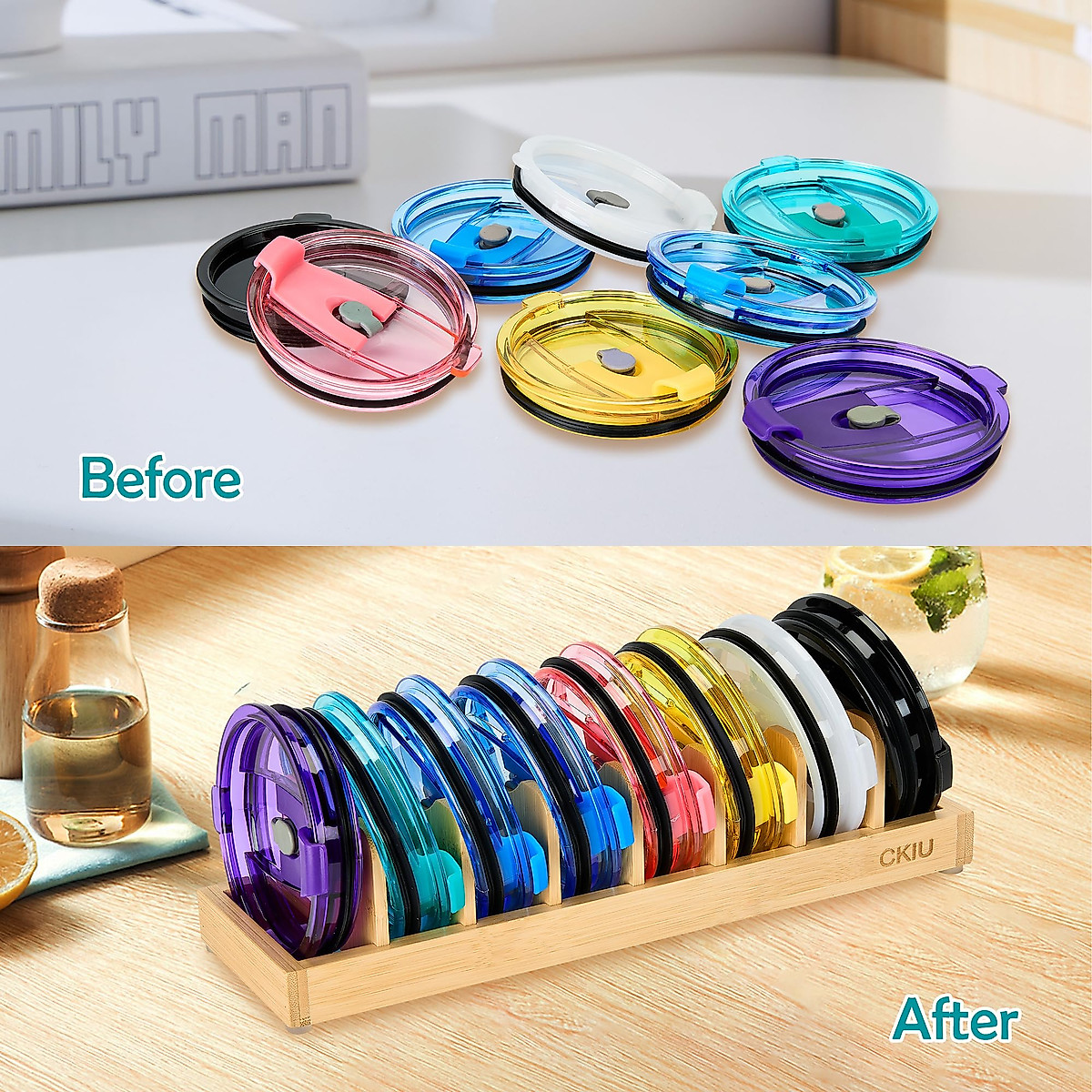 Tumbler Lid Organizer for Stanley Cup Accessories,Water Bottle Lid Organizer with Cabinet Organization,Bamboo Space Saving Cup Lid Kitchen Organizers and Storage for Clutter-Free Countertops.