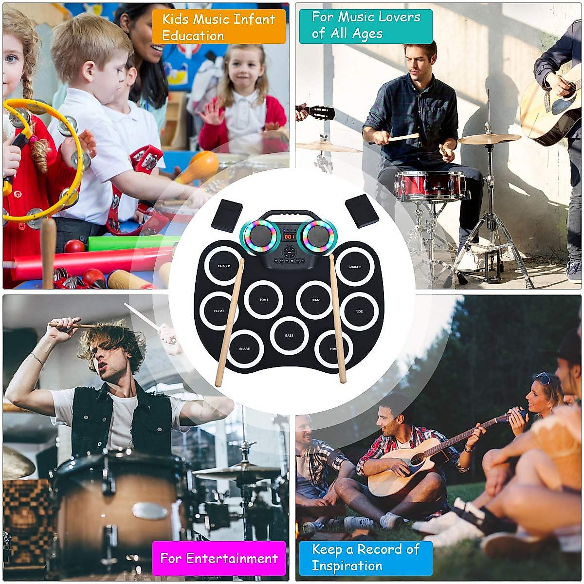Costzon 9 Pads Electronic Drum Set with LED Light, Portable Roll up MIDI Drum Practice Pad w/Bluetooth, 7 Tones & Rhythms, 10 Demos, Foot Pedals, 2 Built-in Speakers, for Beginners Kids (Black)
