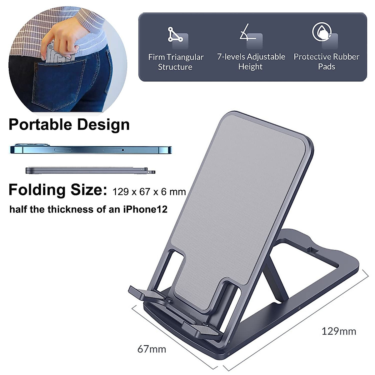 DTech Foldable Cell Phone Stand Holder Aluminum Adjustable Height Nonslip Adhesive Portable Cellphone Cradle for Desk Office Table Home Travel Mobile Smartphone - Gray