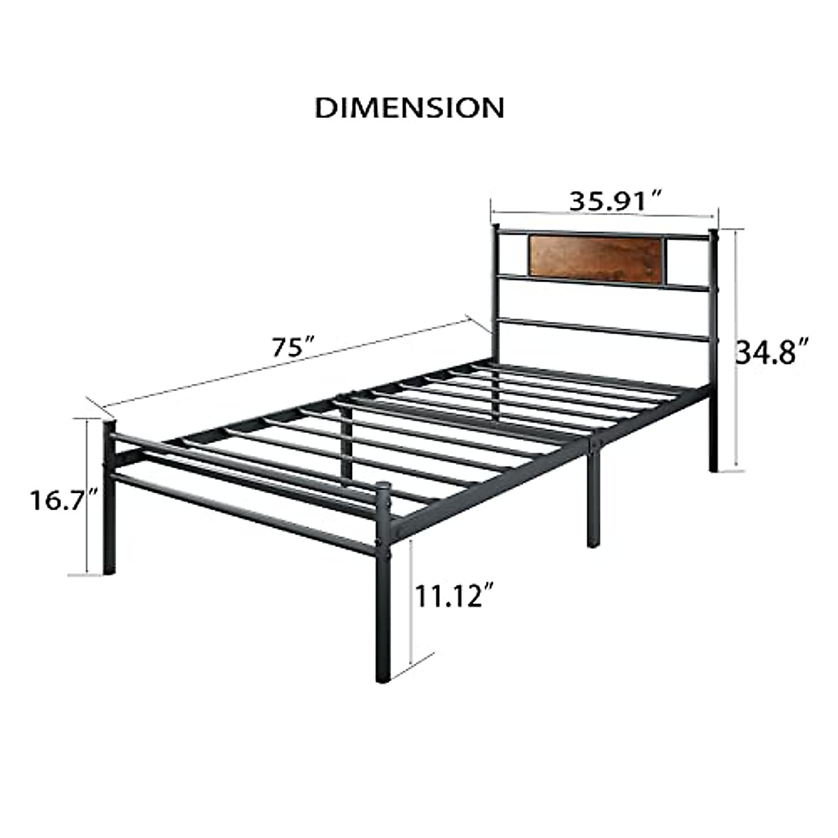 USHOW Modern Black Metal Bed Frame Twin Size with Headboard and Footboard Sturdy Metal Frame Premium Steel Slat Support Easy Assembly （Twin,Black）