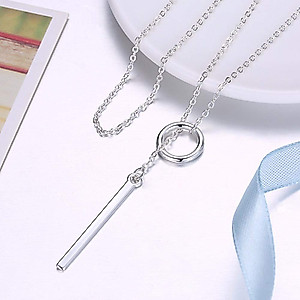 925 Sterling Silver Round Stick Cross Bar Lariat Y Pendant Necklace Long Tassel Sweater Chain for Women Gift (Sterling Silver)