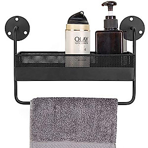 MyGift Wall Mounted Metal Bathroom Storage Shelf, Bath Accessories Toiletries Basket with Hand Towel Bar Rack