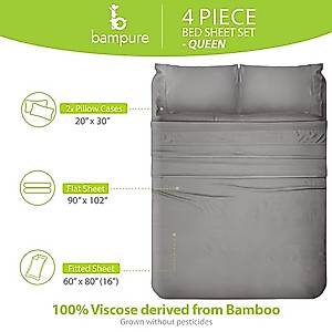 BAMPURE Bamboo Sheets Queen Size - 100% Viscose from Bamboo - 4PC Set - Super Soft Cooling Sheets - Up to 16’’ Deep Pocket - Luxury Series - 1 Flat Sheet,1 Fitted Sheet,2 Pillowcases (Stone Grey)