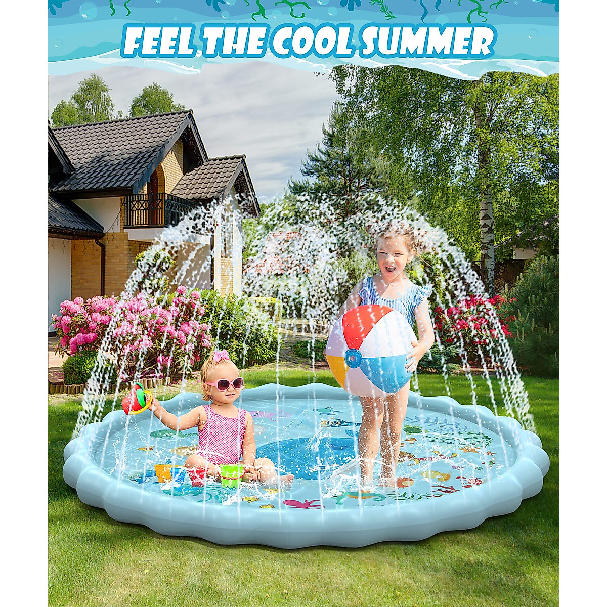 EPN Splash Pad, 86.6" Size Extra Large Sprinkler Play Mat Fun for Kids, Thicker Summer Outdoor Water Toys Toddler Pool for 3-12 Years Old Children Boys & Girls