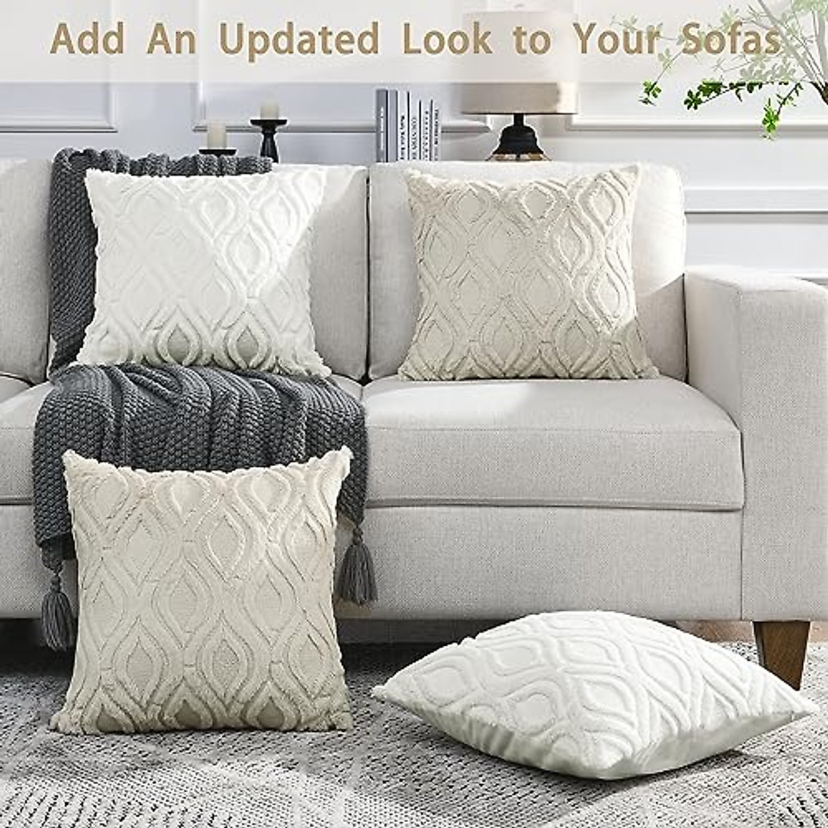 Volcanics Decorative Throw Pillow Covers 18x18 Inch, Faux Wool Plush Couch Cushion Cases Soft Fluffy Boho Pillowcases, Set of 2, Cream Beige