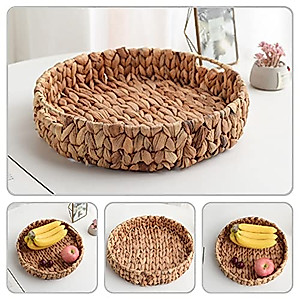 OUNONA Woven Round Fruit Tray Bread Serving Basket Water Hyacinth Storage Baskets Handmade Tabletop Storage Holder Tray Rustic Ottoman Tray for Dinner Breakfast Drinks Snack
