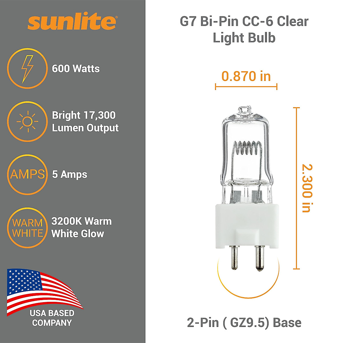 Sunlite DYS/DYV/BHC G7 Bi-Pin CC-6 Clear Light Bulb, 600 Watts, 120 Volts, 5 Amps, 17000 Lumens, 2-Pin GZ9.5 Base, 99 CRI, 3200K Warm White, 1 Pack